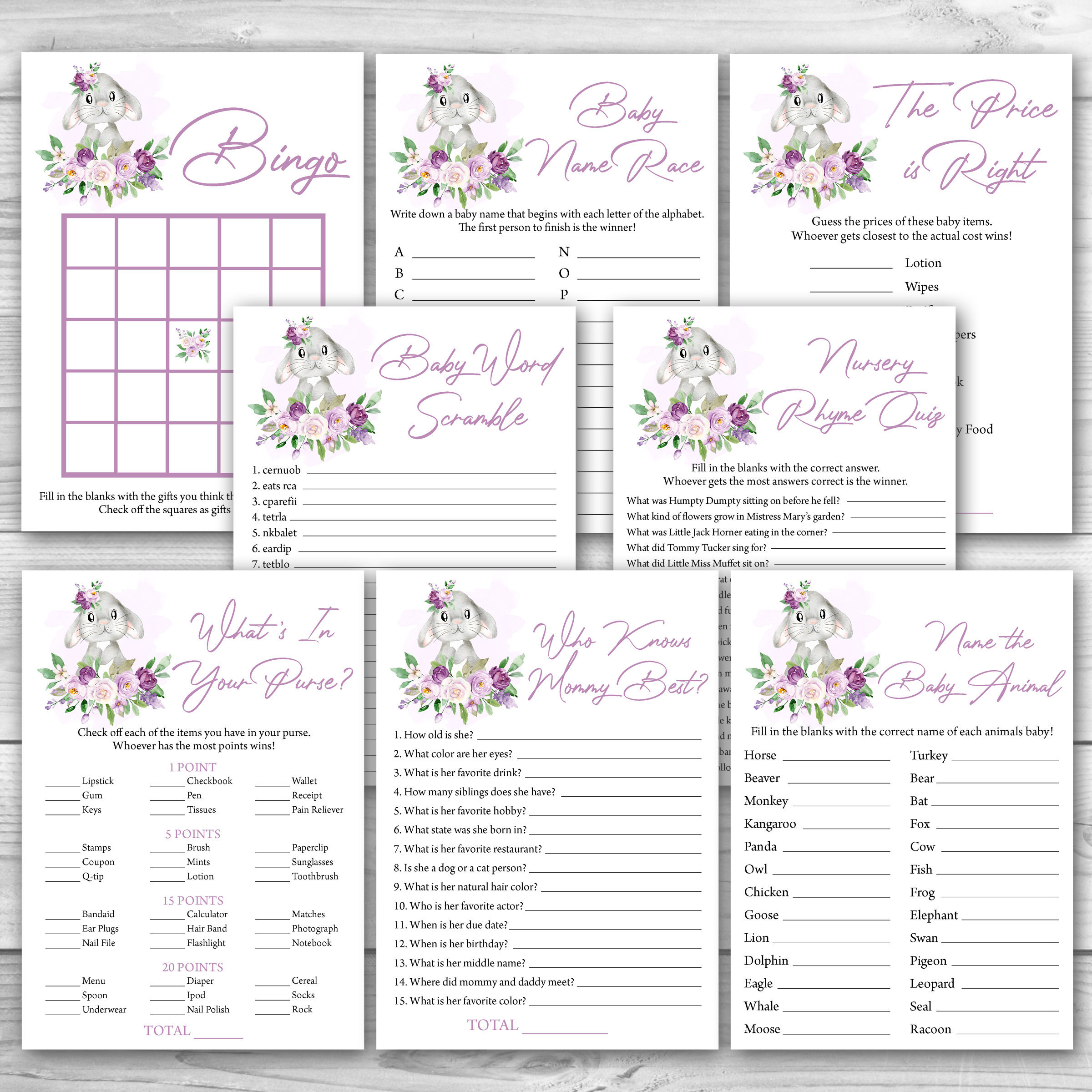 Girl Bunny Baby Shower Game Package 8 Printable Purple Bunny | Etsy