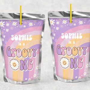 EDITABLE Groovy One Juice Labels Rainbow Peace Love Party Juice Pouch ...