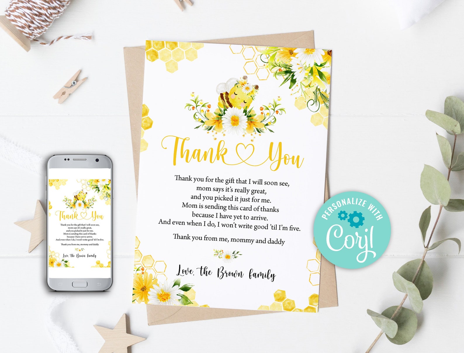 Editable Honey Bee Thank You Card Bumble Bee Baby Showerthank | Etsy