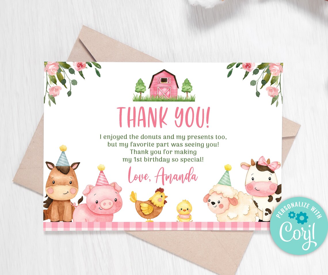 Editable Farm Thank You Card, Pink Farm Birthday Party Thank You, Farm ...