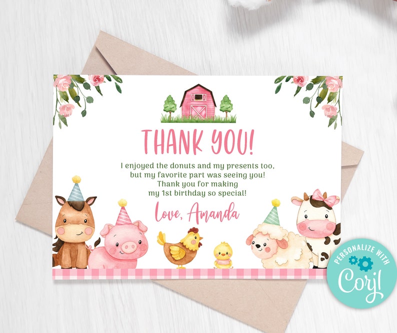 Editable Farm Thank You Card, Pink Farm Birthday Party Thank You, Farm ...