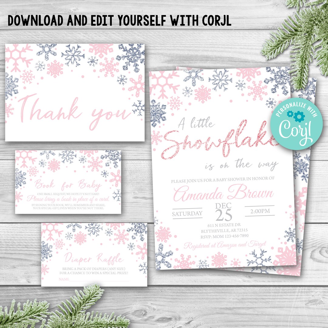 EDITABLE Snowflake Baby Shower Invitation Set. Winter Baby Shower ...