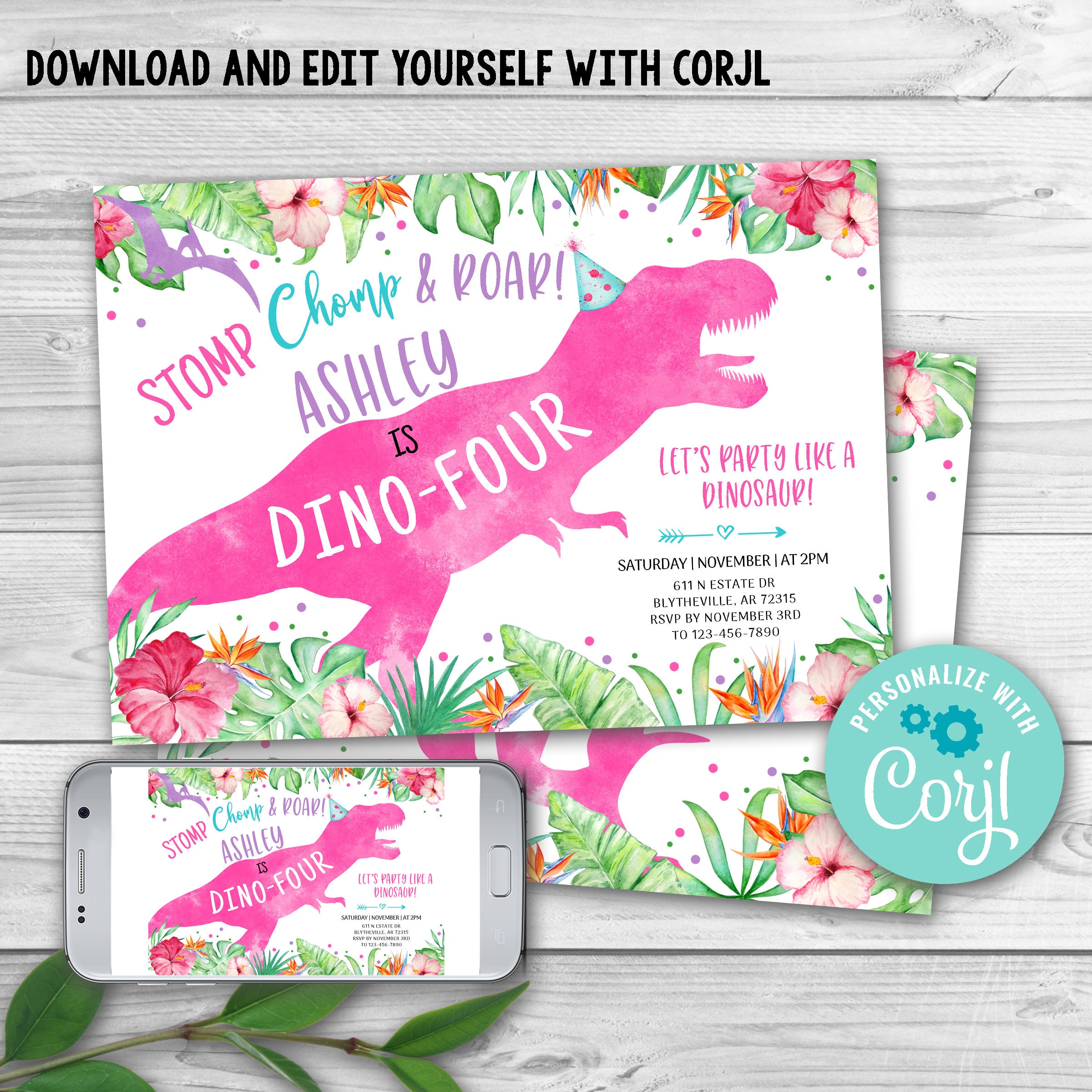 EDITABLE Dino-four Dinosaur Birthday Invitation Girl Dino - Etsy UK