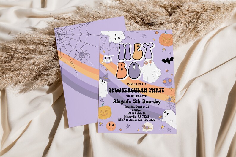 Editable Halloween Hey Boo Ghost Invitation Purple Retro Groovy Rainbow ...