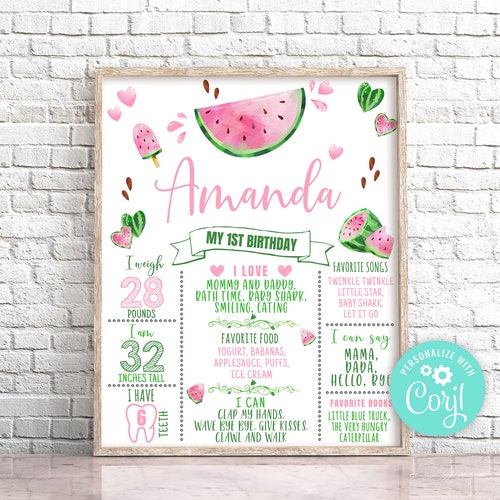 EDITABLE Watermelon Milestone Stats 1st Birthday Poster. First - Etsy