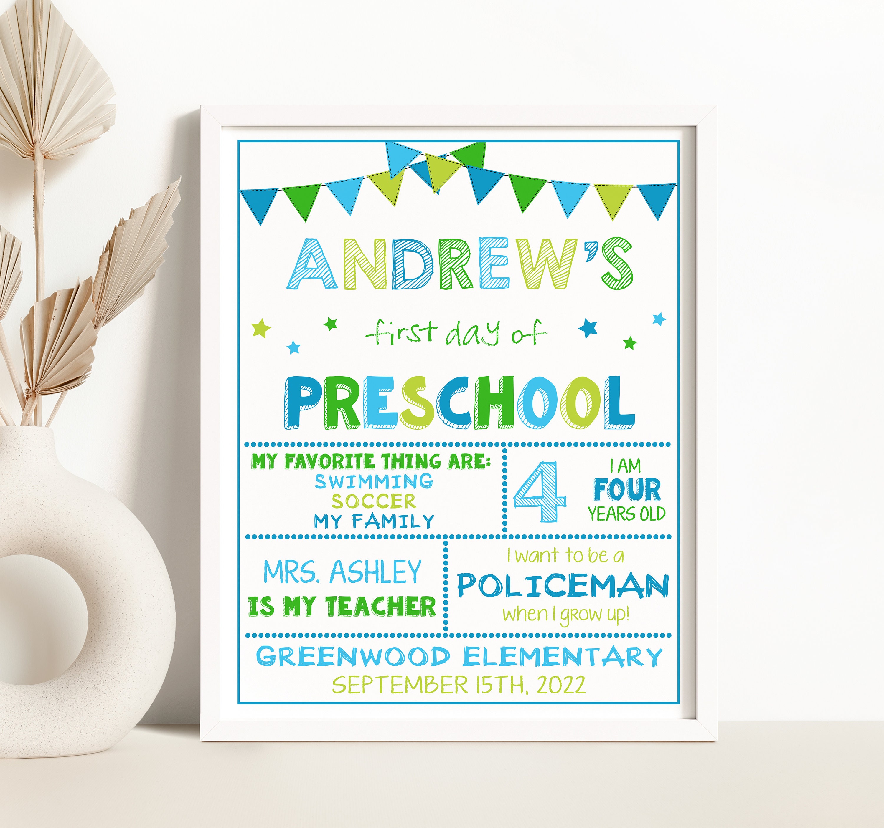 Editable First Day of Preschool Sign Blue Green First Day of School ...