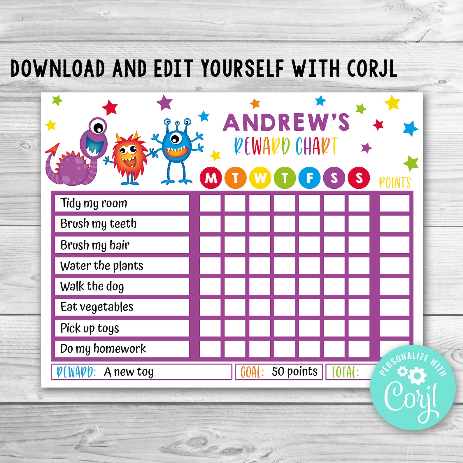 Editable Monster Reward Chart for Kids Monster Routine Chart - Etsy