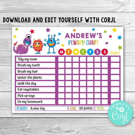 Editable Monster Reward Chart for Kids Monster Routine Chart | Etsy