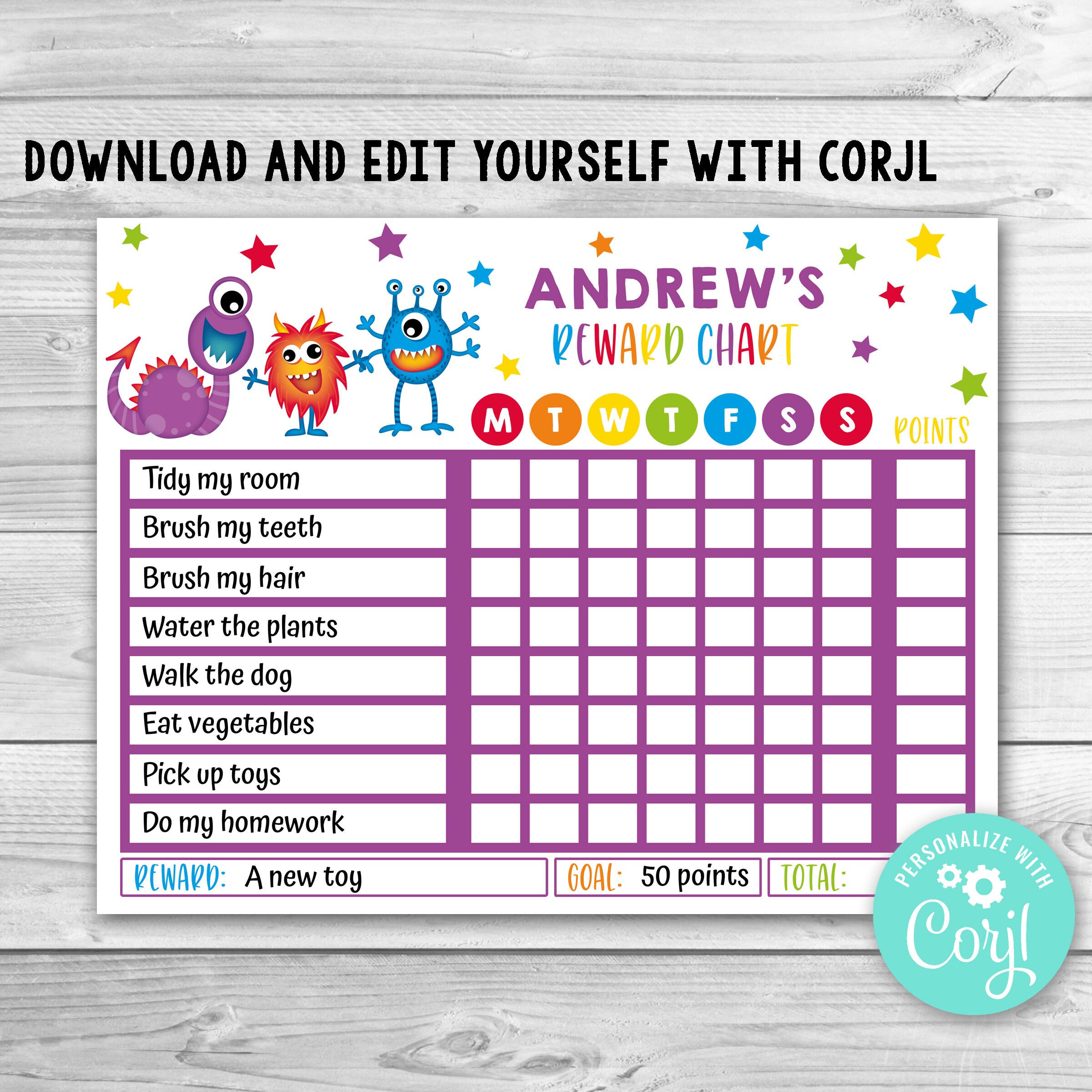 Editable Monster Reward Chart for Kids Monster Routine Chart - Etsy
