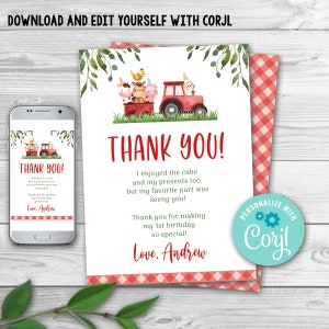 Editable Farm Thank You Card, Red Farm Birthday Party Thank You, Farm ...