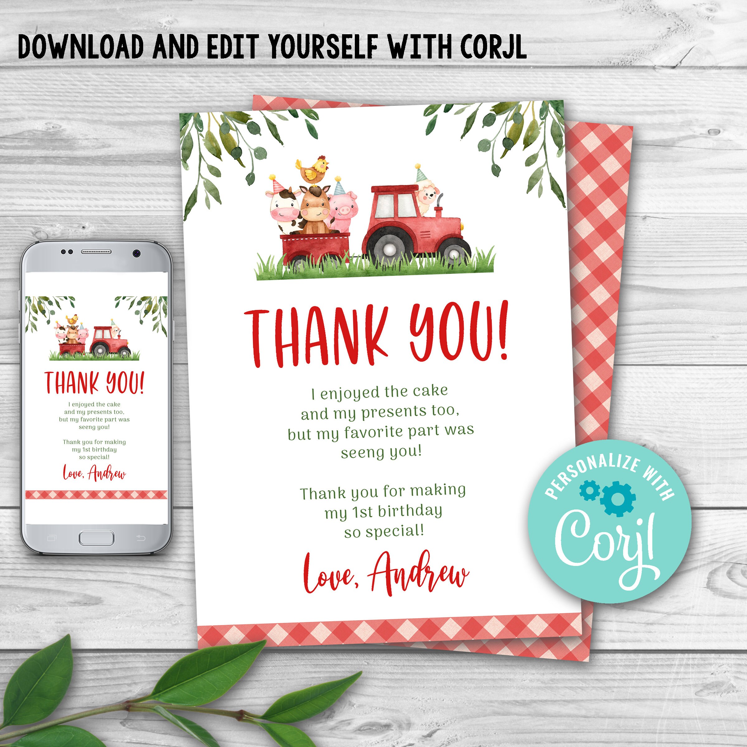 Editable Farm Thank You Card Red Farm Birthday Party Thank - Etsy