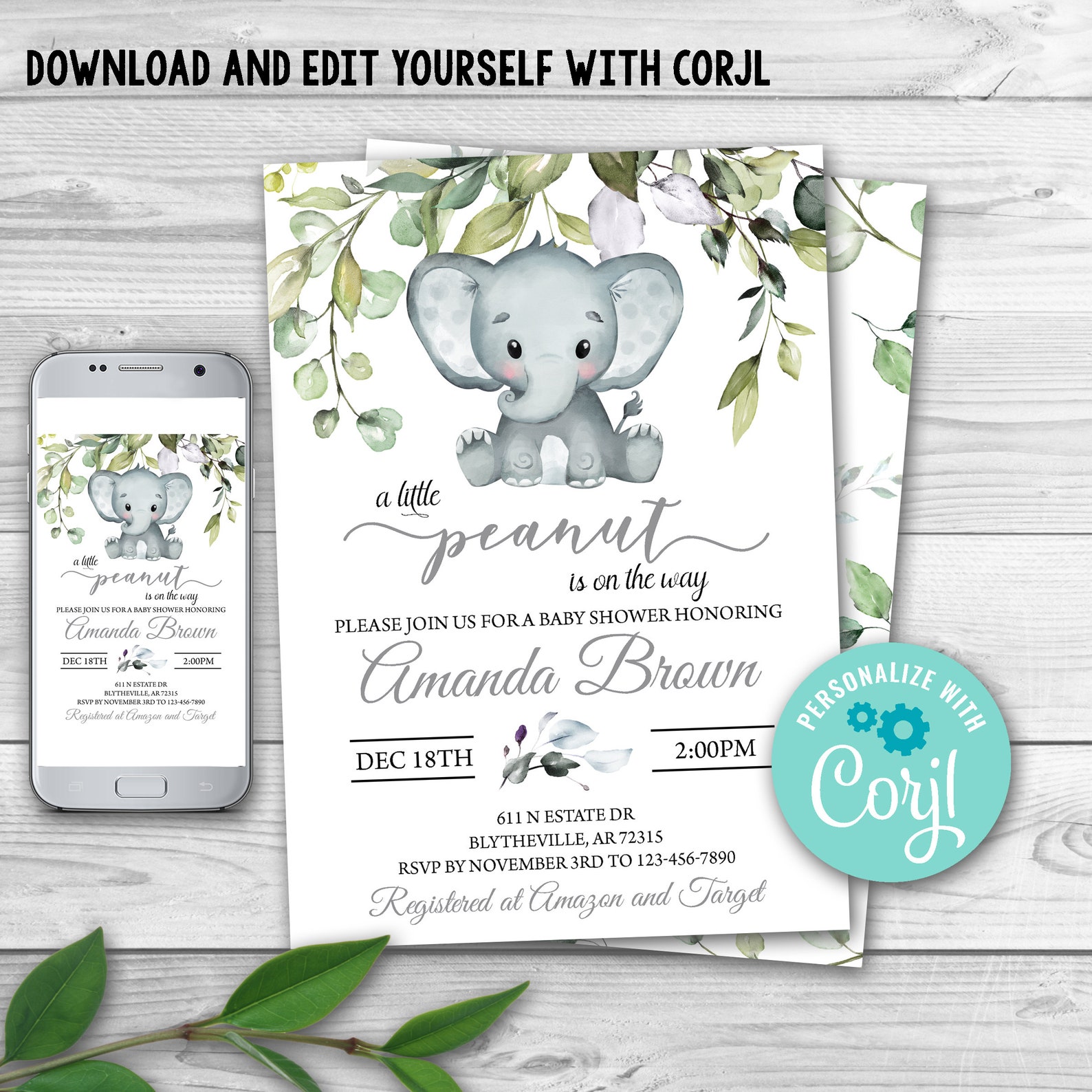 EDITABLE Elephant Baby Shower Invitation. Eucalyptus Baby - Etsy