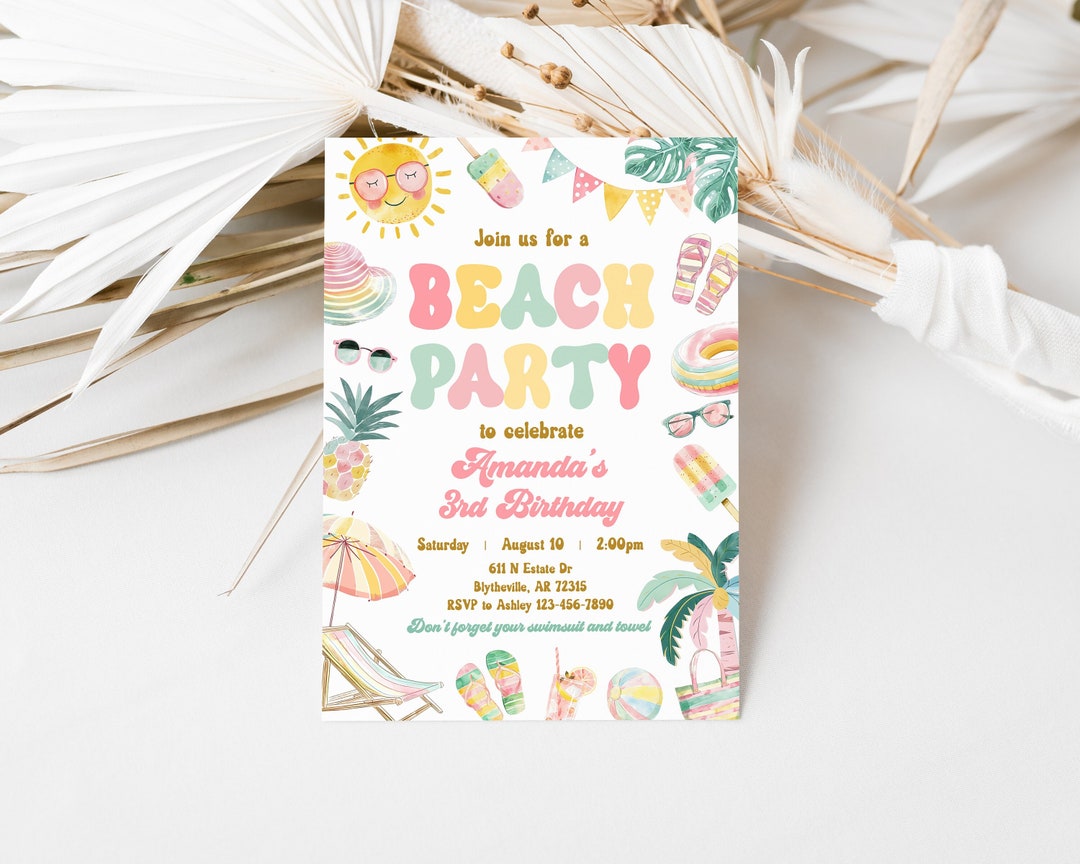 Editable Beach Birthday Party Invitation Girl Summer Party Invitation ...