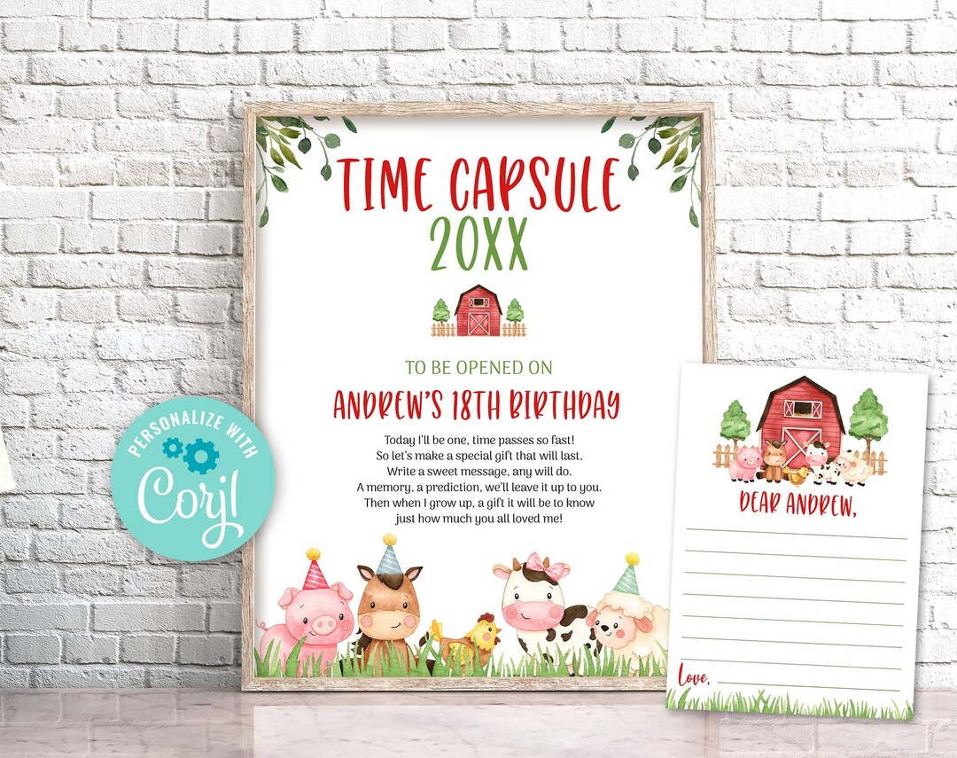 Editable Farm Animals Birthday Time Capsule, Farm Time Capsule Sign ...