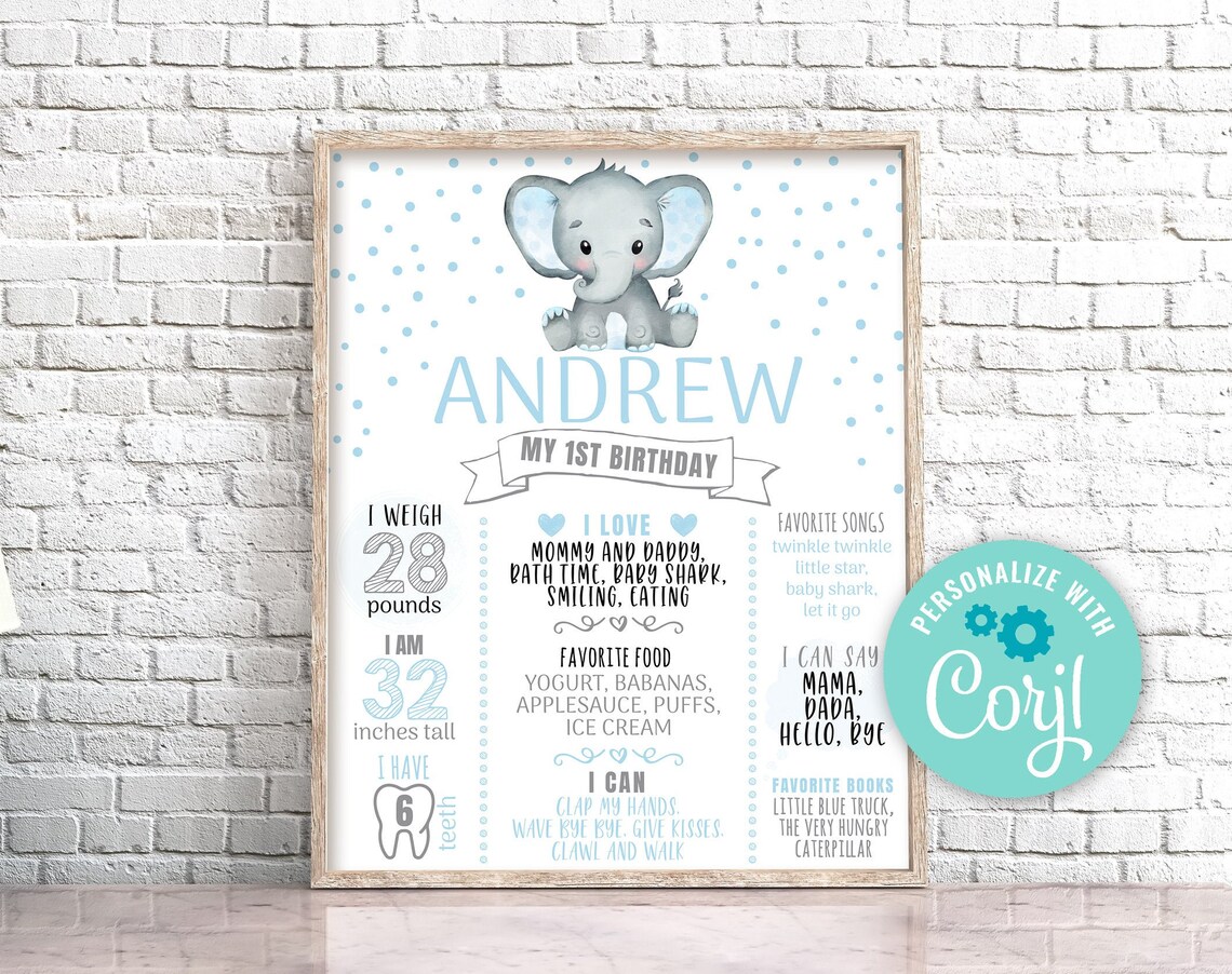 Editable Blue Elephant Milestone Birthday Poster Boy Elephant | Etsy