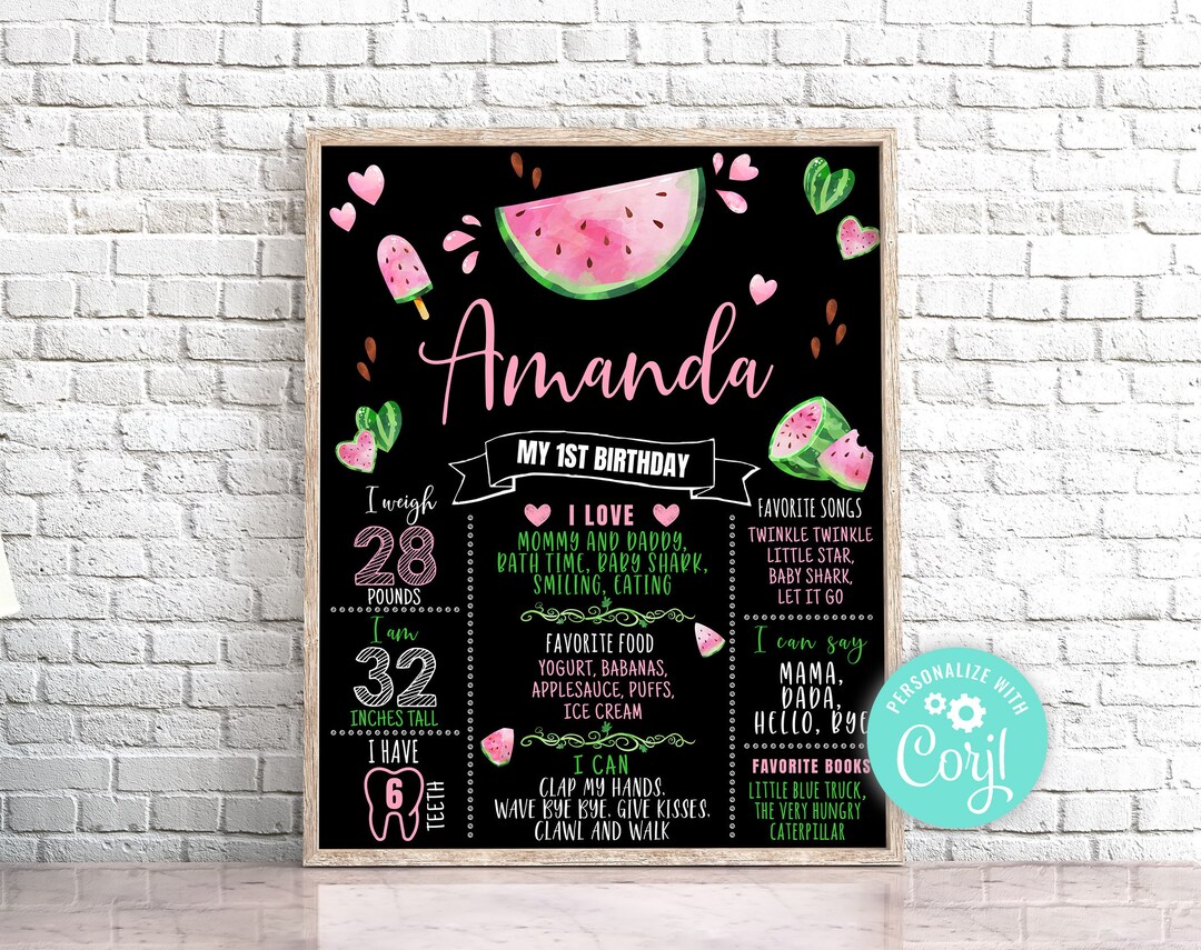 Editable Watermelon Milestone Birthday Poster, Pink Watermelon First ...
