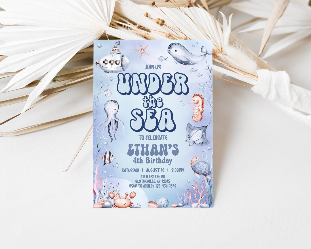 Editable Boy Under the Sea Birthday Party Invitation Ocean Animals ...