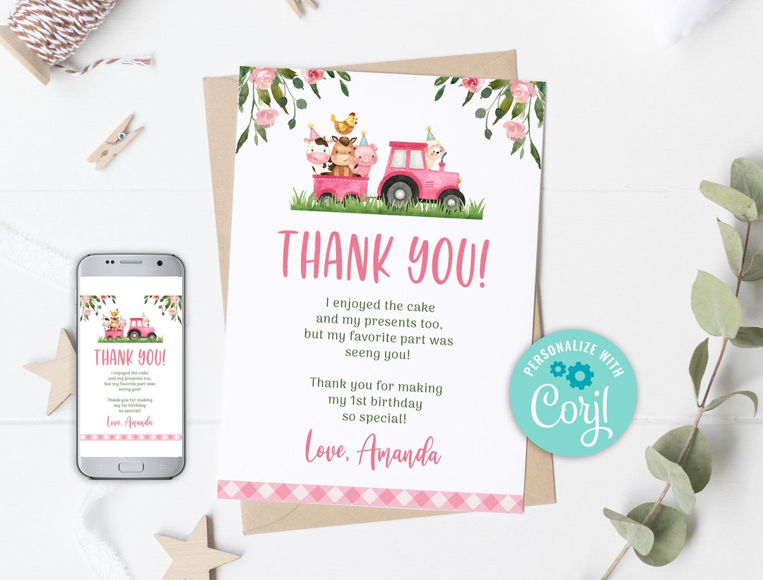 Editable Farm Thank You Card, Pink Farm Birthday Party Thank You, Farm ...