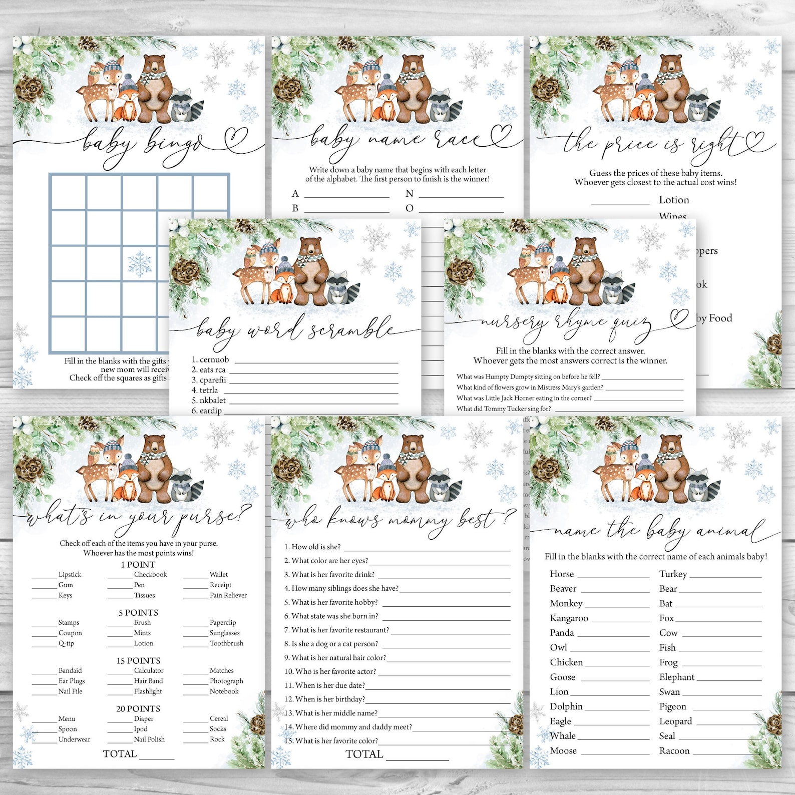 Winter Woodland Animals Baby Shower Game Package 8 Printable - Etsy