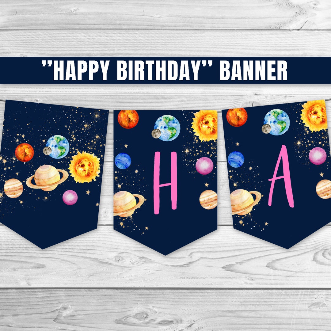 Space Birthday Banner Blue Gold Galaxy Birthday Banner Planets Outer ...