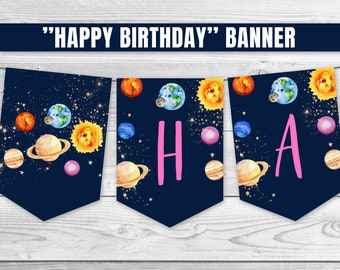 Editable Space Birthday Banner Galaxy Birthday Banner Pink Gold Galaxy ...