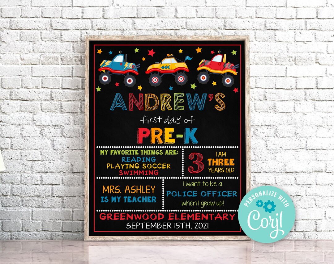 Editable First Day of Pre-k Sign, Monster Truck First Day of Preschool ...