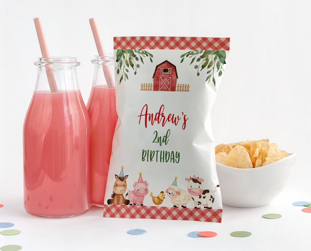 EDITABLE Red Farm Chip Bag Wrapper Labels Farm Animals Chip Party ...