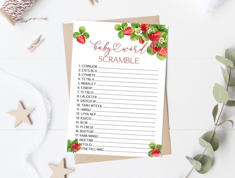 Strawberry Word Scramble Baby Shower Game Berry Sweet Baby Word ...