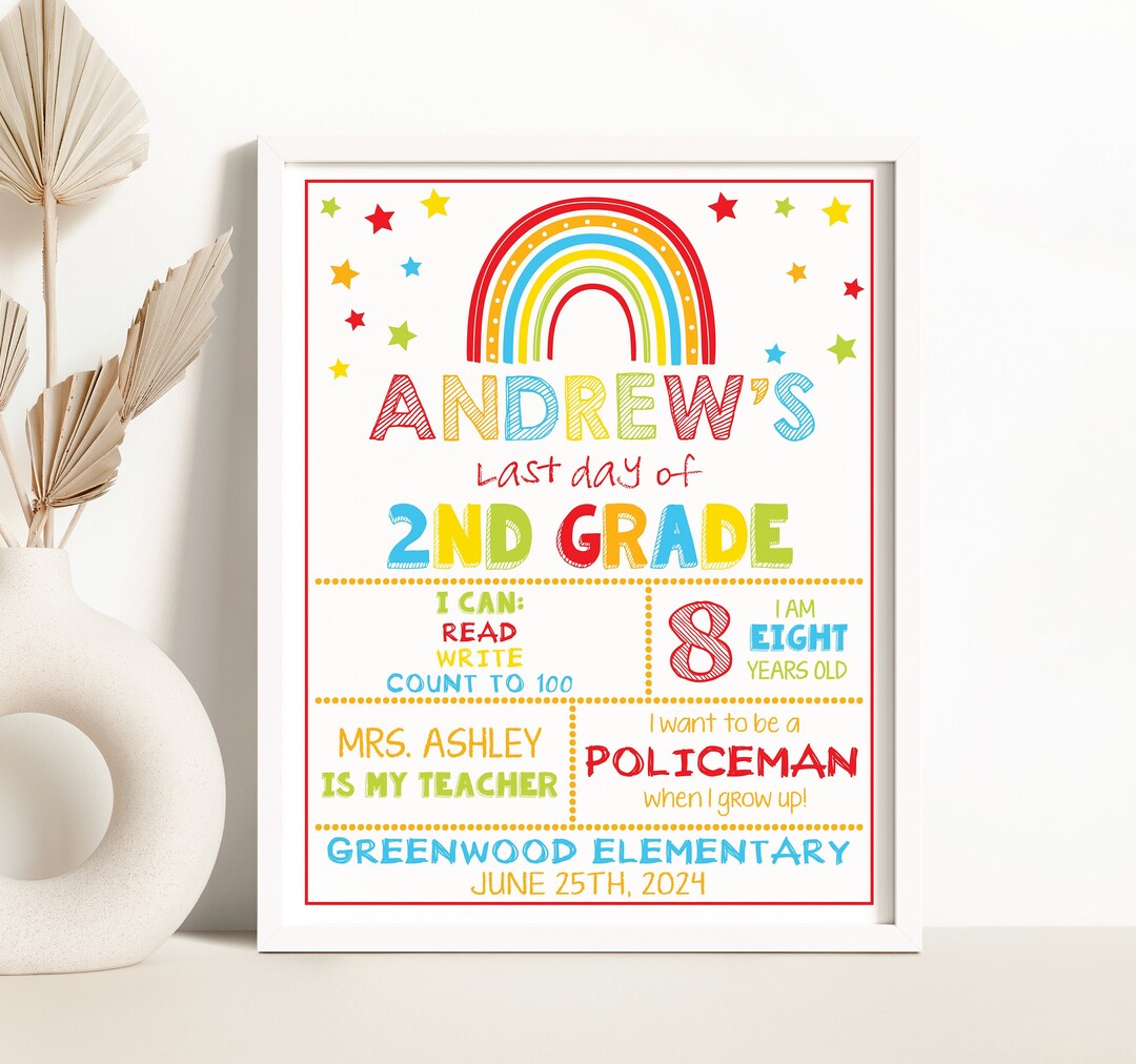 Editable Last Day of 2nd Grade Sign Rainbow Last Day of School Sign Any ...