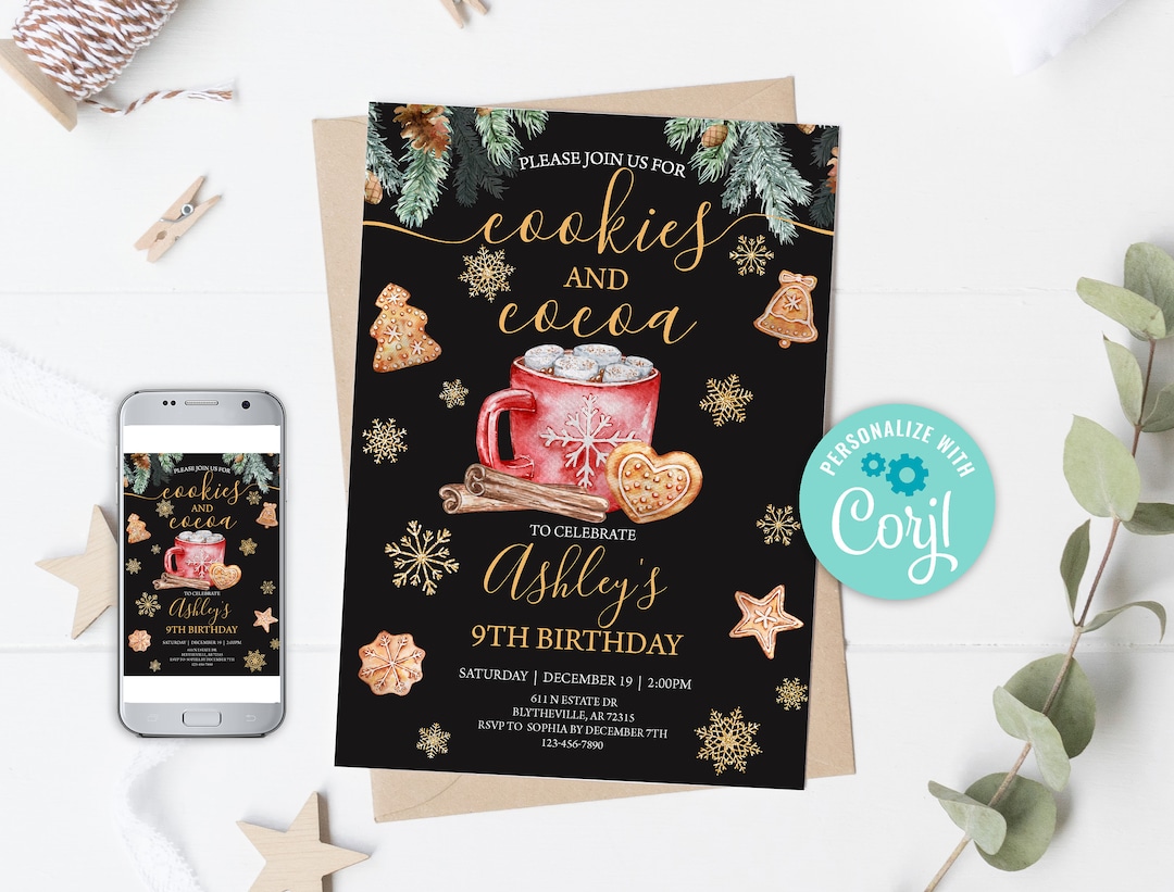 EDITABLE Cookies and Cocoa Birthday Invitation Hot Cocoa Party Cookies ...
