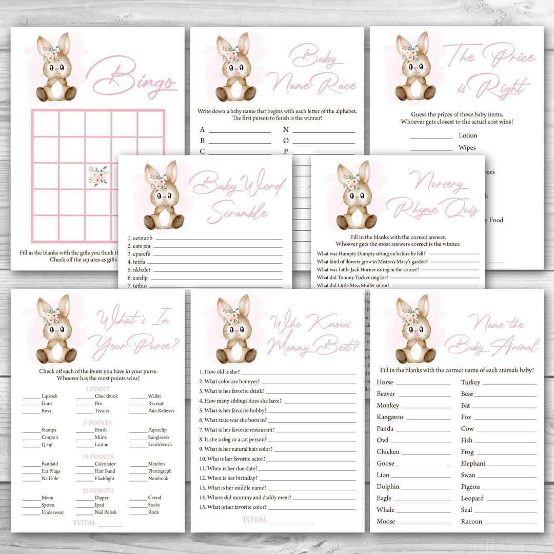 Girl Bunny Baby Shower Game Package 8 Printable Pink Bunny Baby Shower ...