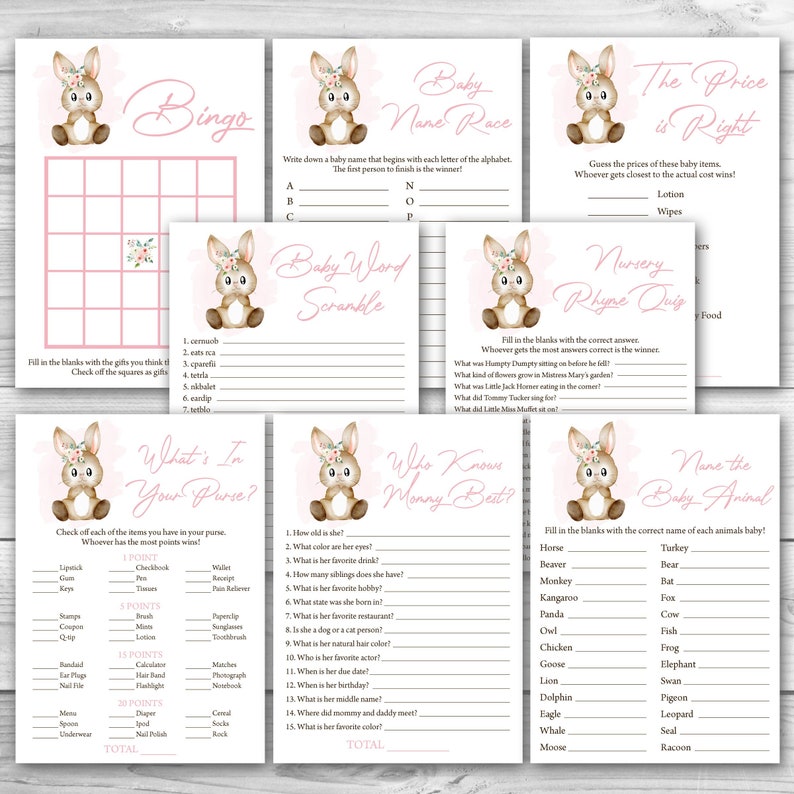 Girl Bunny Baby Shower Game Package 8 Printable Pink Bunny - Etsy
