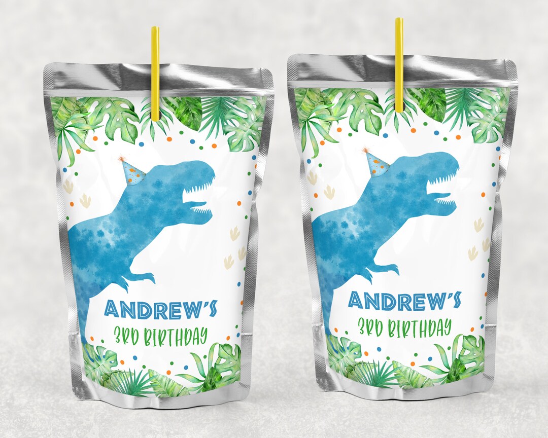 EDITABLE T-rex Juice Label Blue Dinosaur Juice Labels Dino Juice Pouch ...