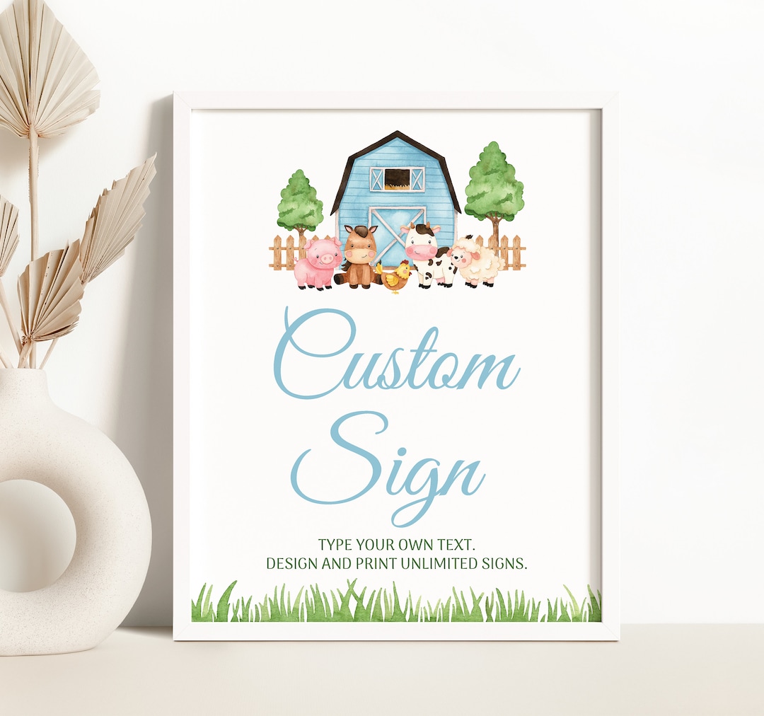 EDITABLE Blue Farm Baby Shower Custom Sign Farm Animals Baby Shower ...
