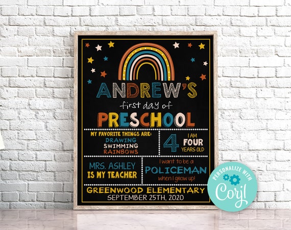 Editable First Day of Preschool Sign Boho Rainbow First Day - Etsy