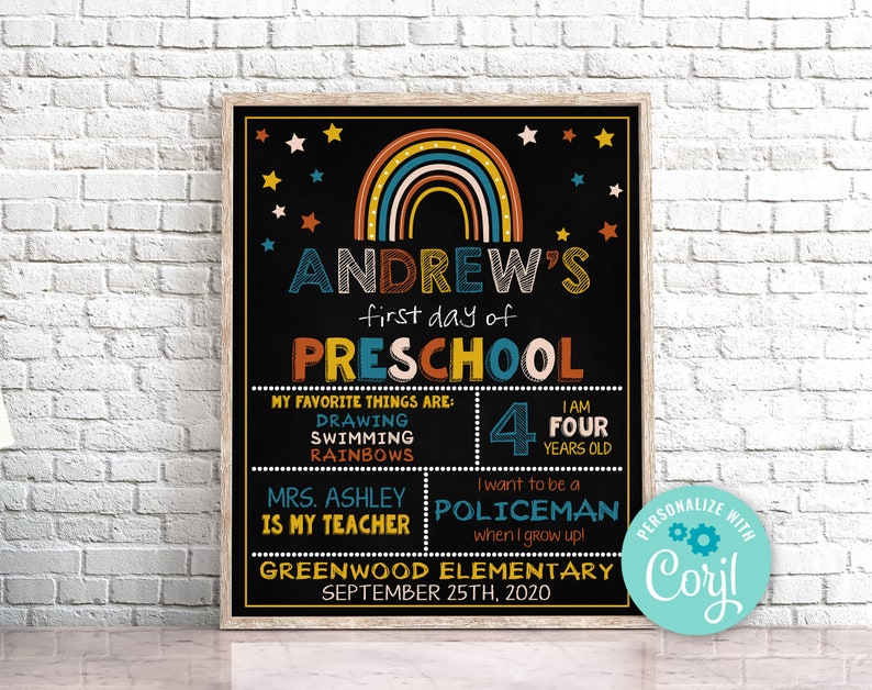 Editable First Day of Preschool Sign Boho Rainbow First Day - Etsy