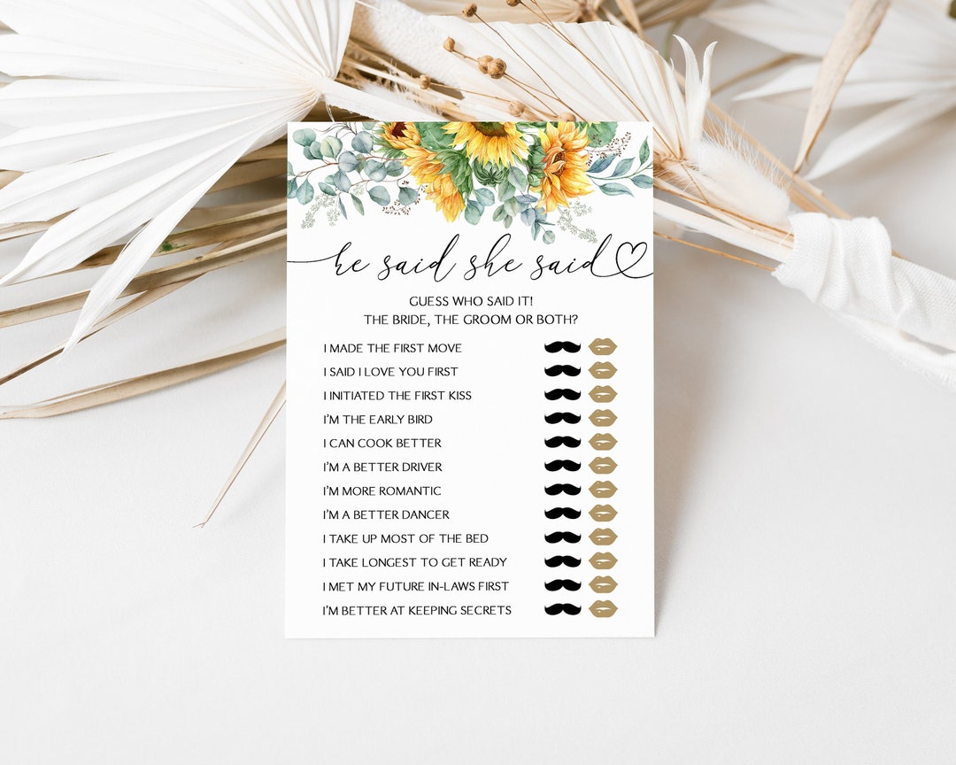 Sunflower He Said She Said Bridal Shower Game Boho Sunflower Bridal ...