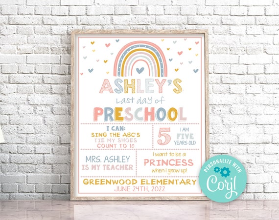 Editable Last Day of Preschool Sign Boho Rainbow Last Day of - Etsy