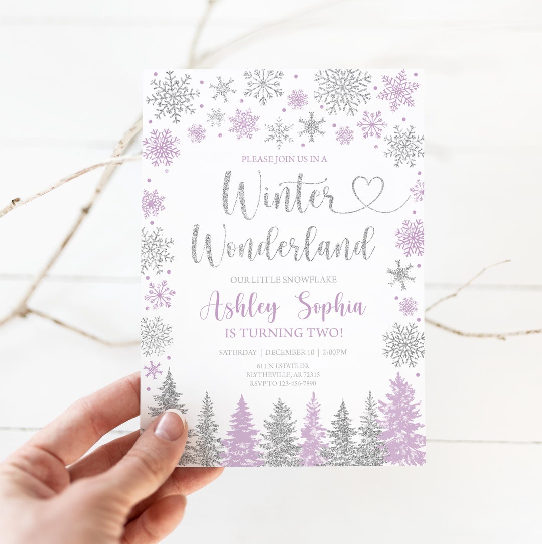 Editable Winter Wonderland Birthday Invitation Lavender Snowflakes ...