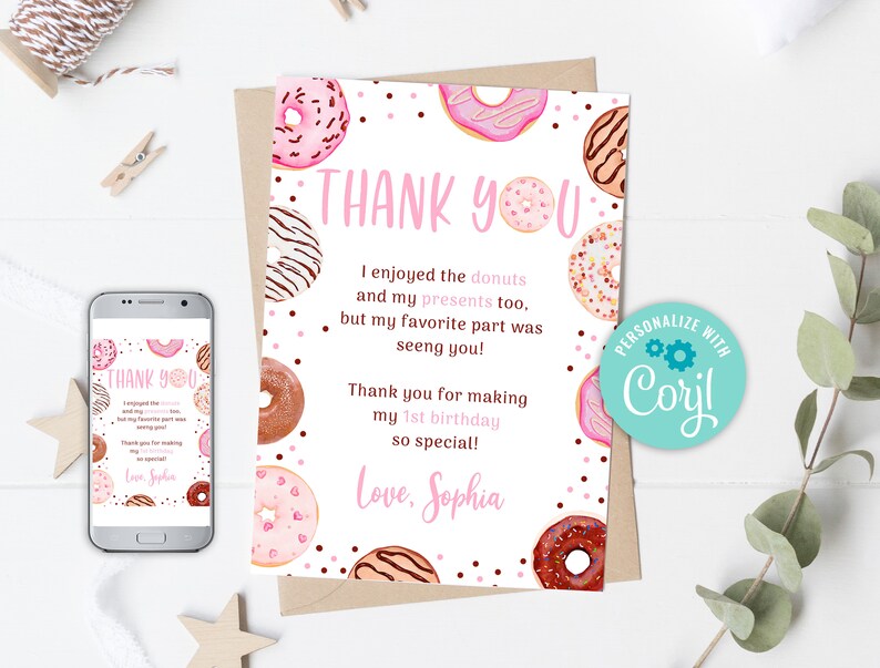 Editable Donut Thank You Card Pink Donut Birthday Party Thank | Etsy