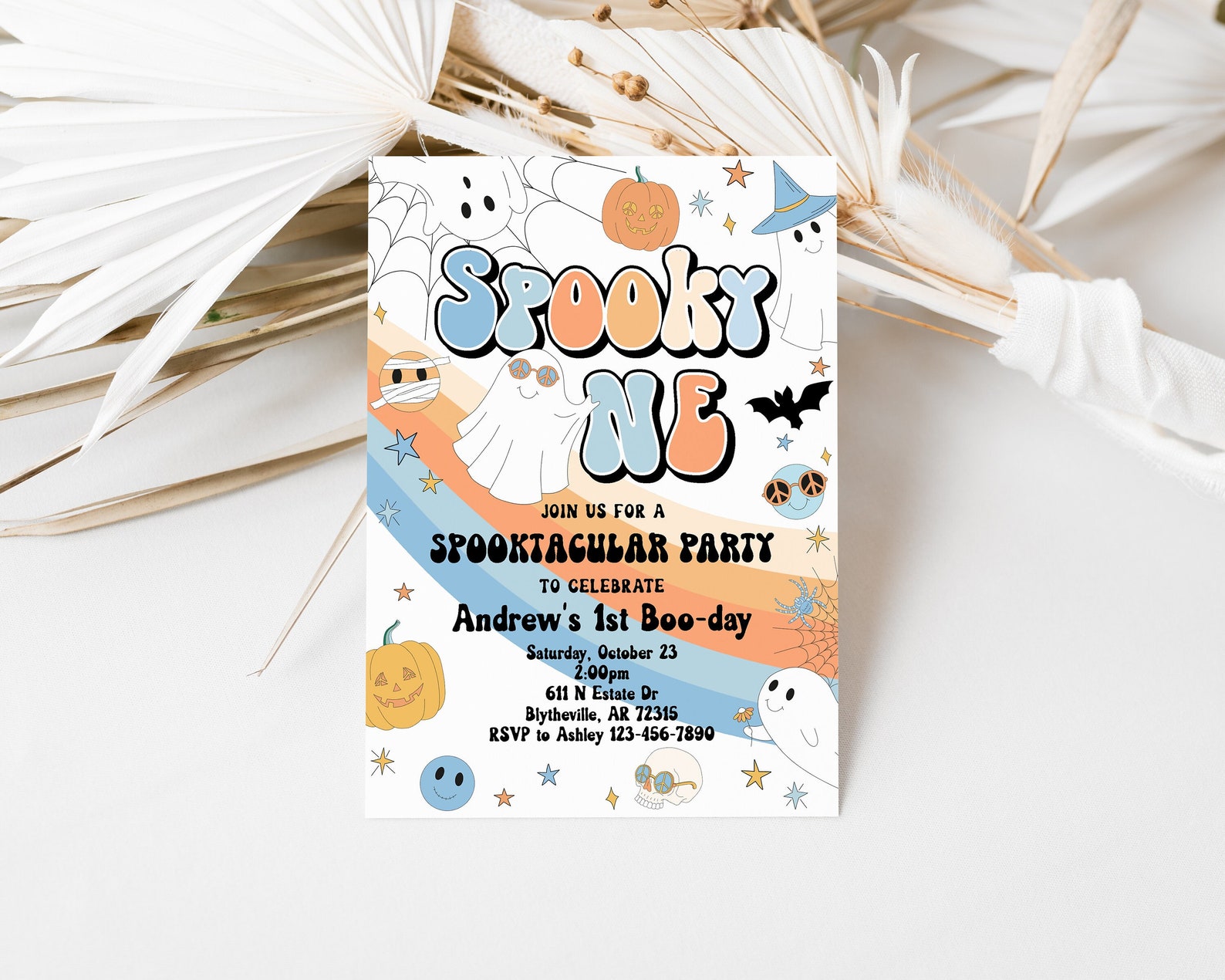 Editable Spooky One Halloween Birthday Invitation Blue Retro Groovy ...