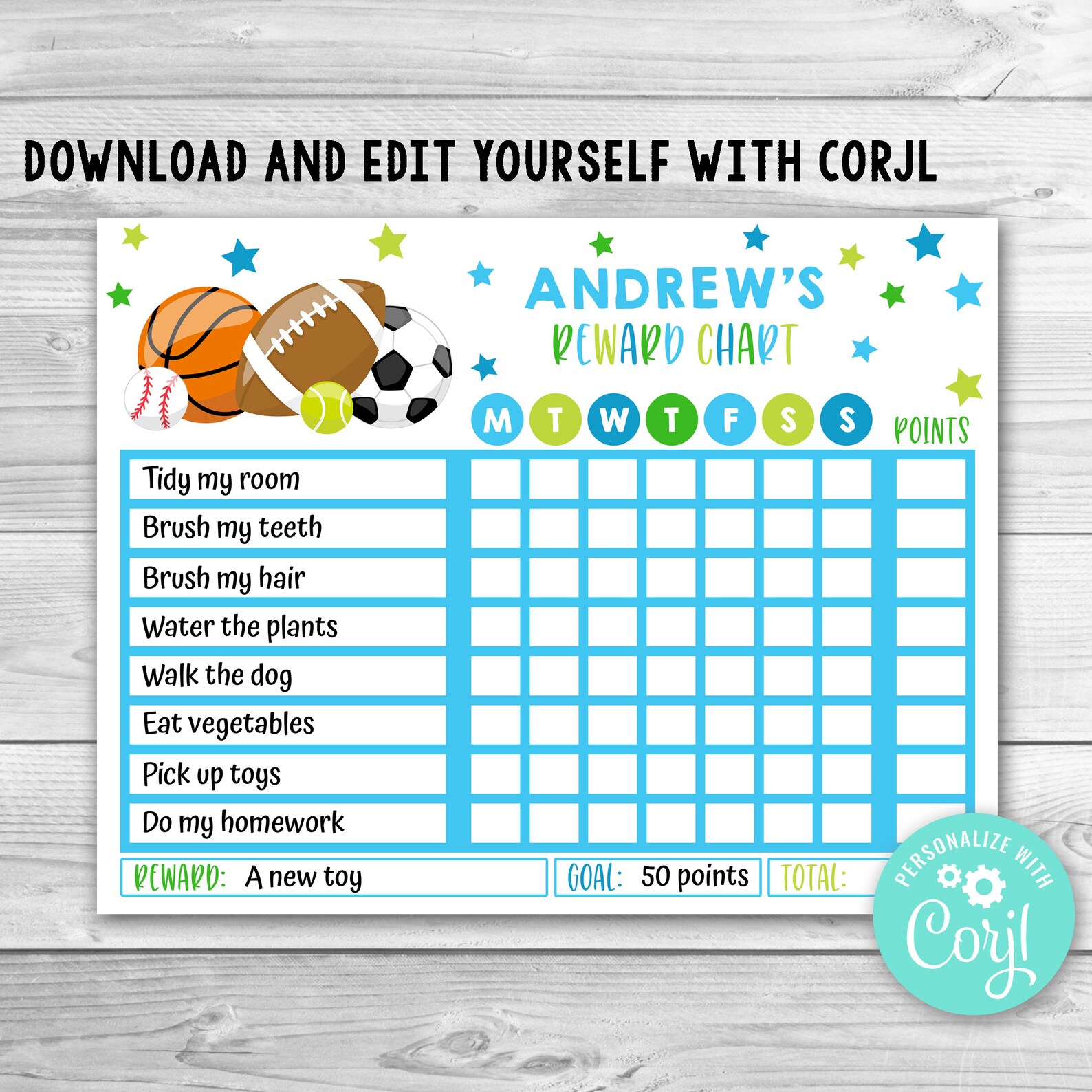 Editable Sports Reward Chart for Kids Sports Routine Chart | Etsy