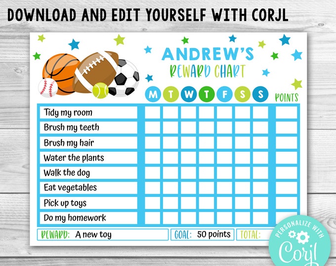 Editable Sports Chore Chart, Edit Yourself Sports Reward Chart, Instant ...