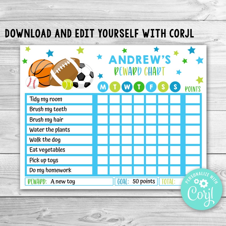 Editable Sports Reward Chart for Kids Sports Routine Chart | Etsy