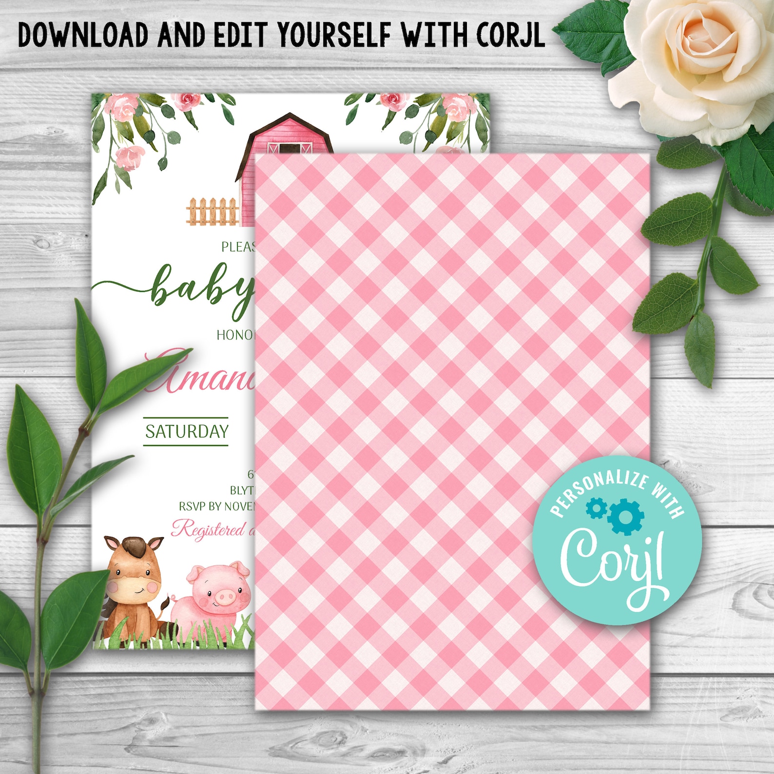 Editable Pink Farm Animals Baby Shower Invitation. Farm Baby - Etsy