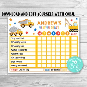 Editable Construction Reward Chart for Kids, Dump Truck Routine Chart ...