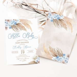 EDITABLE Blue Pampas Grass Baby Shower Invitation Boy Boho Baby Shower ...