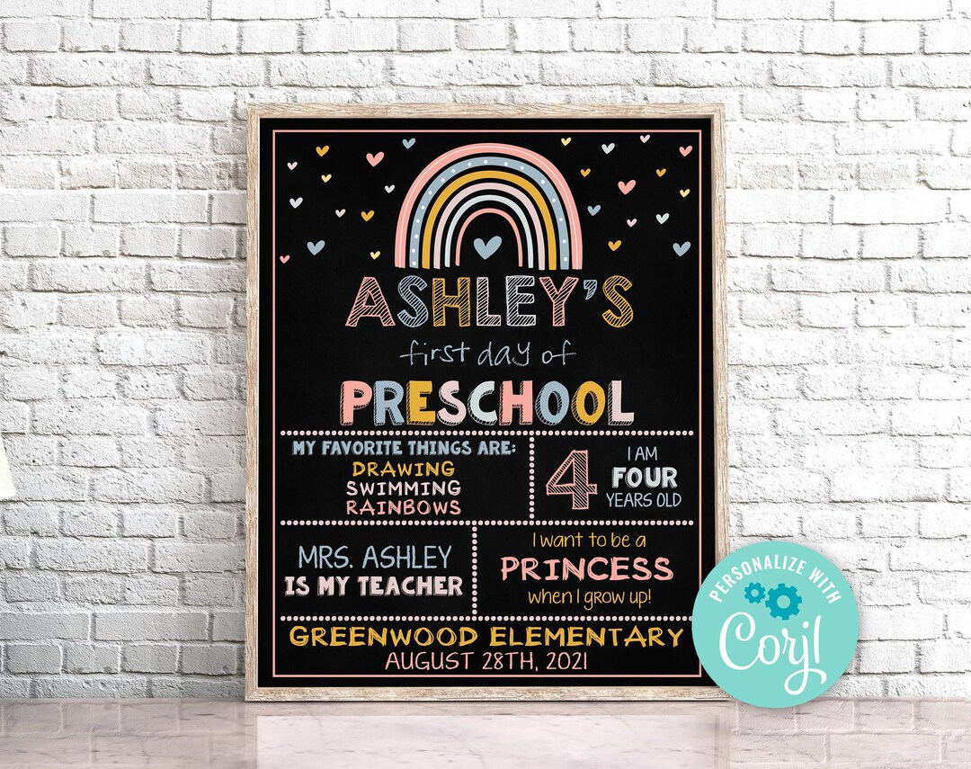 Editable First Day of Preschool Sign Boho Rainbow First Day of School ...