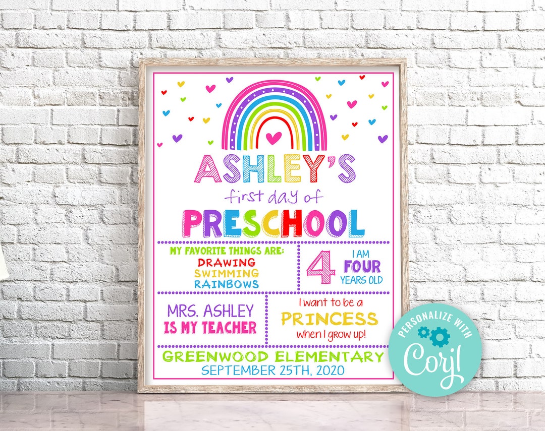 Editable Back to School Sign First Day of Preschool Sign Rainbow First ...