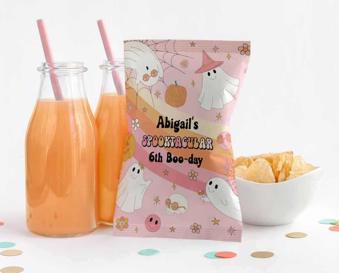 EDITABLE Spooky Halloween Ghost Chip Bag Wrapper Labels Retro Groovy ...